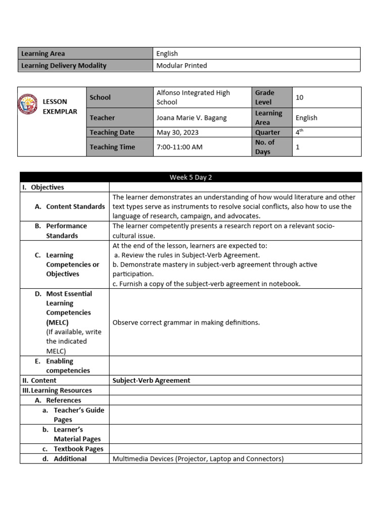 Subject-Verb Agreement Lesson Plan | PDF
