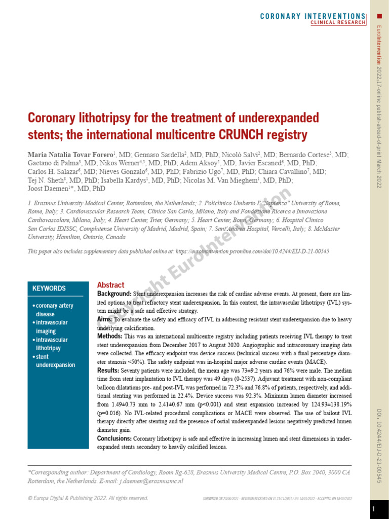 2022 IVL in Stent Underexpansion - CRUNCH International Multicentre Registry | PDF