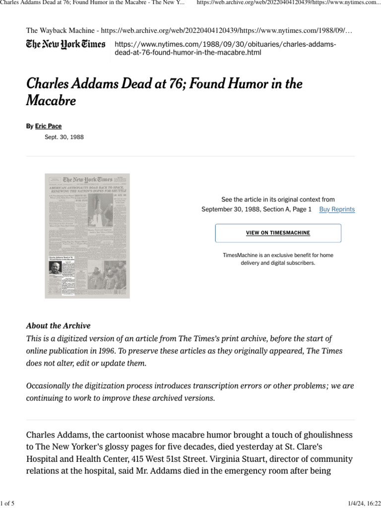 Charles Addams Dead at 76 Found Humor in The Macabre - The New York Times | PDF