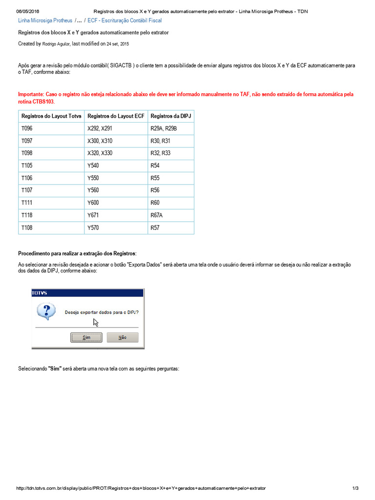 Registros Dos Blocos X e Y Gerados Automaticamente Pelo Extrator ...
