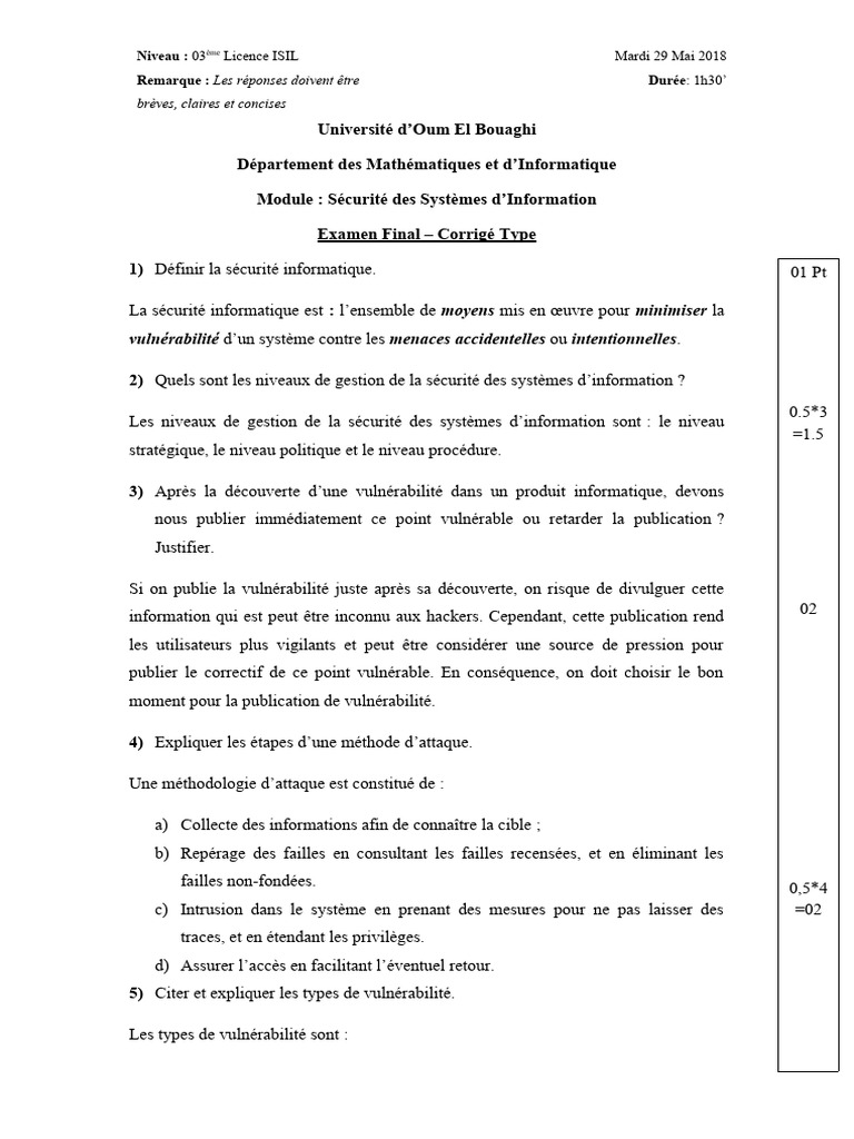 Examen Final ISIL - 2018 - Corrigé Type | PDF