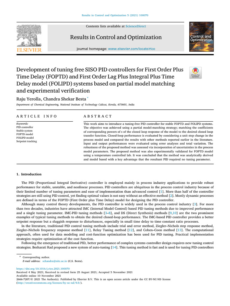 Development of Tuning Free SISO PID Controllers For First Ord 2021 ...