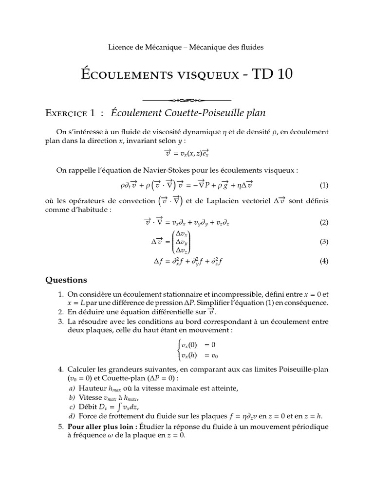 TD 10 Mécanique Des Fluides Denis Poiseuille Coutte Plan | PDF