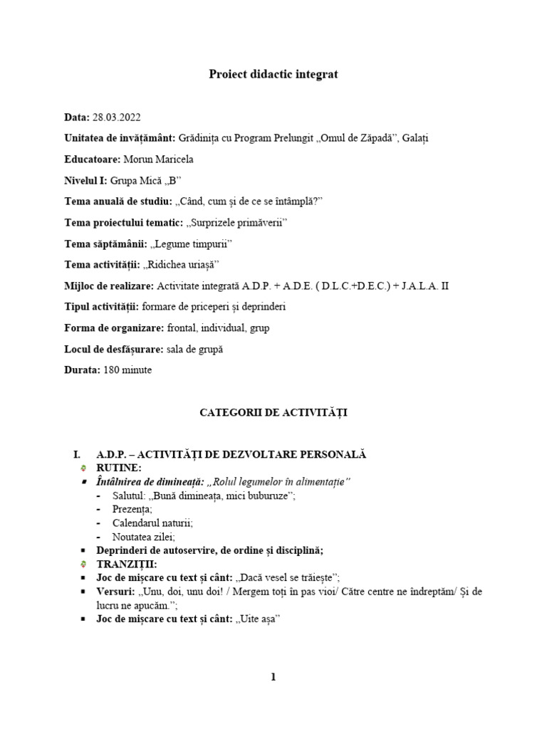 Proiect Didactic Integrat Ridichea Uriasa | PDF