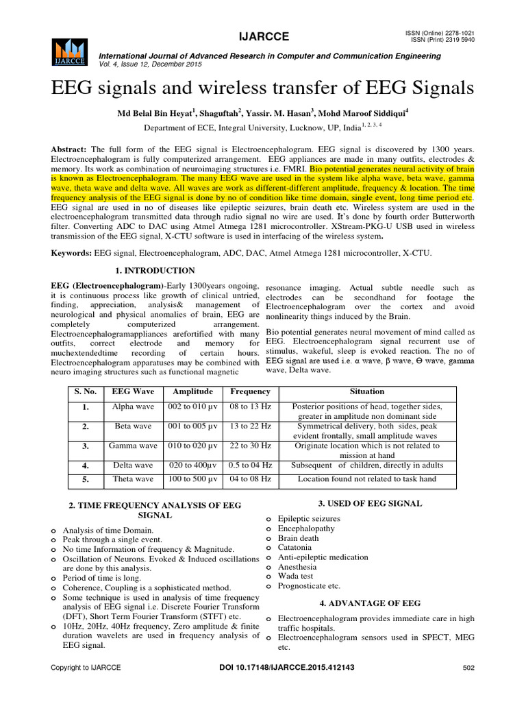 EEG Signals and Wireless Transfer of EEG | PDF