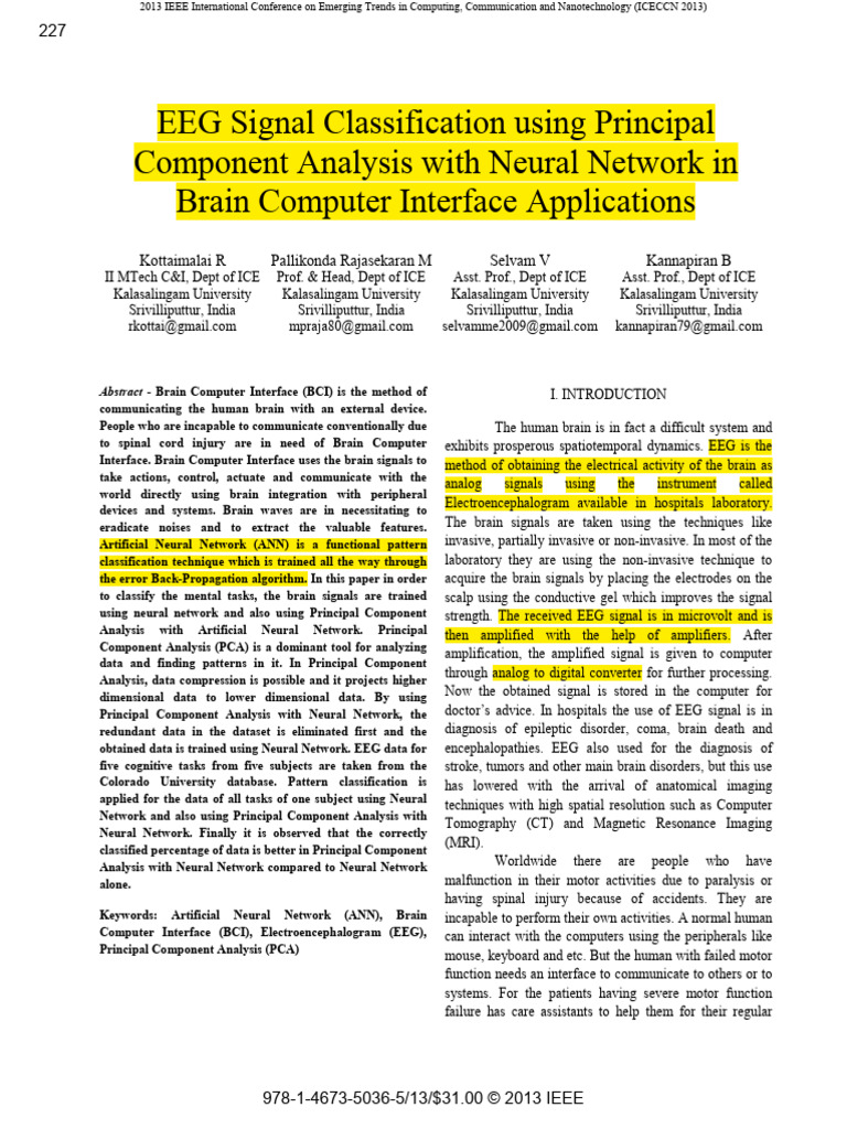 EEG Signal Classification Using Principal Component Analysis 06528498 | Download Free PDF ...