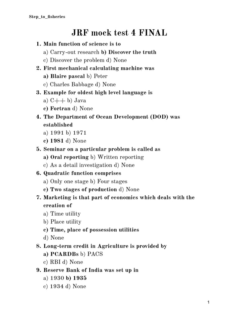 JRF Mock Test for Fisheries Candidates | PDF | Teaching Methods & Materials