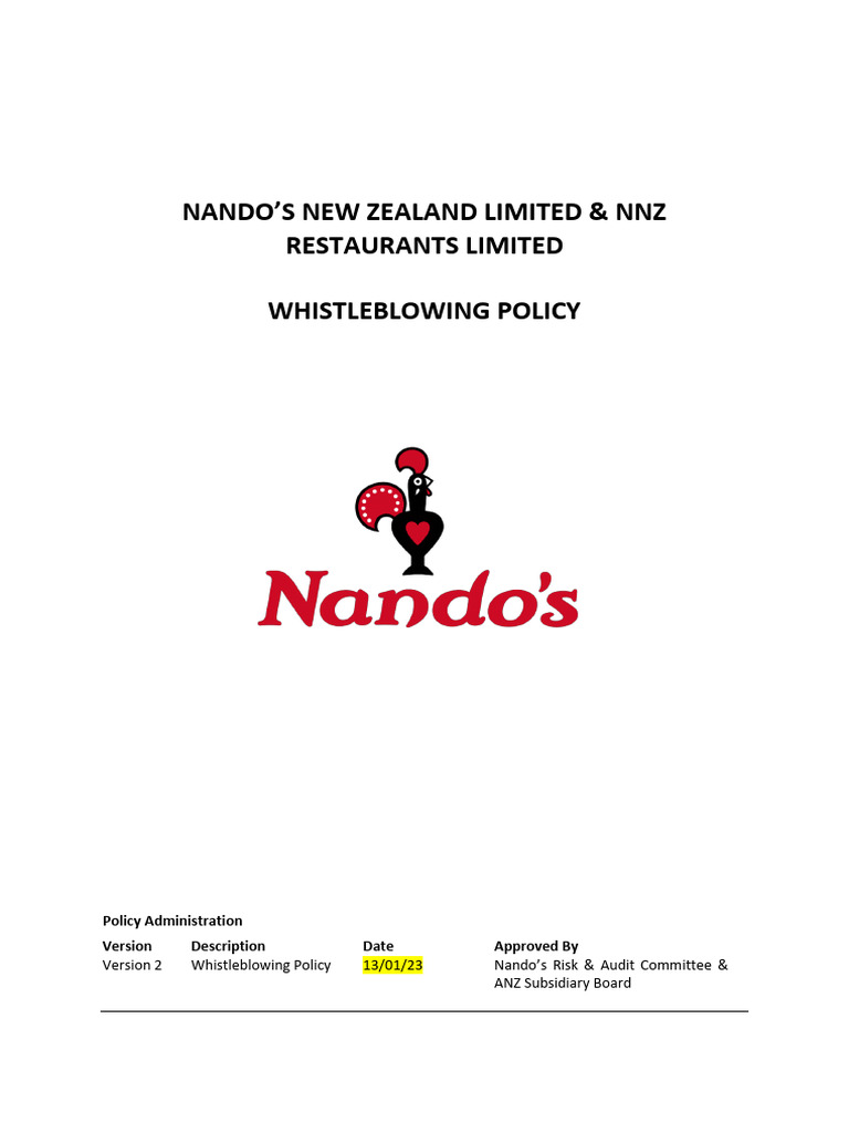 Nandos Whistleblowing Policy v2 Final New Zealand | PDF