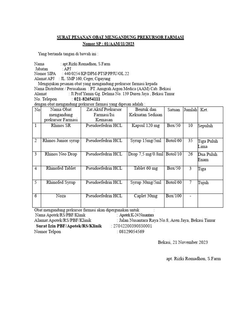 SURAT PESANAN OBAT MENGANDUNG PREKURSOR AAM | PDF