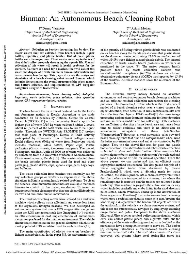 Binman An Autonomous Beach Cleaning Robot | PDF