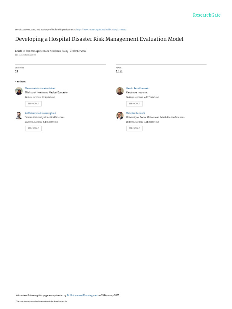Developing A Hospital Disaster Risk Management Evaluation Model | PDF