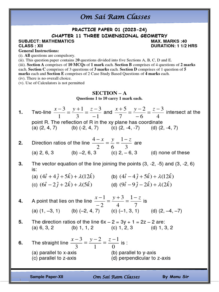 3D Geometry Practice Paper for Class XII | PDF | Line (Geometry ...