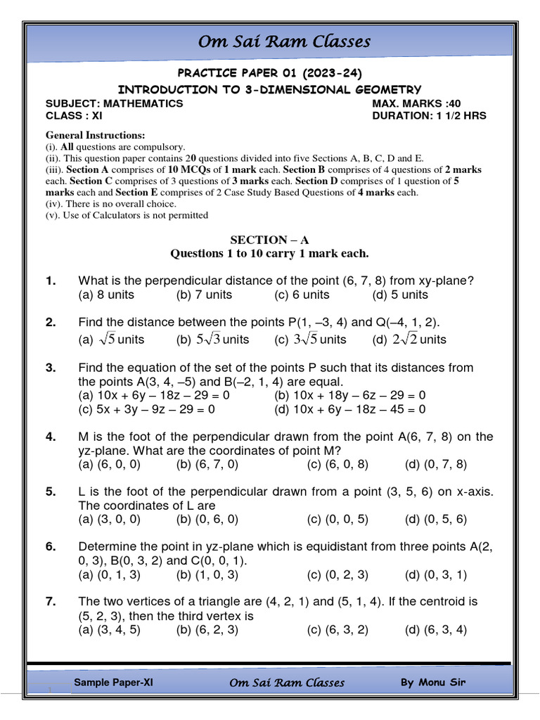 XI - Sample Paper (2022-23)-Dimensional Geometry | PDF