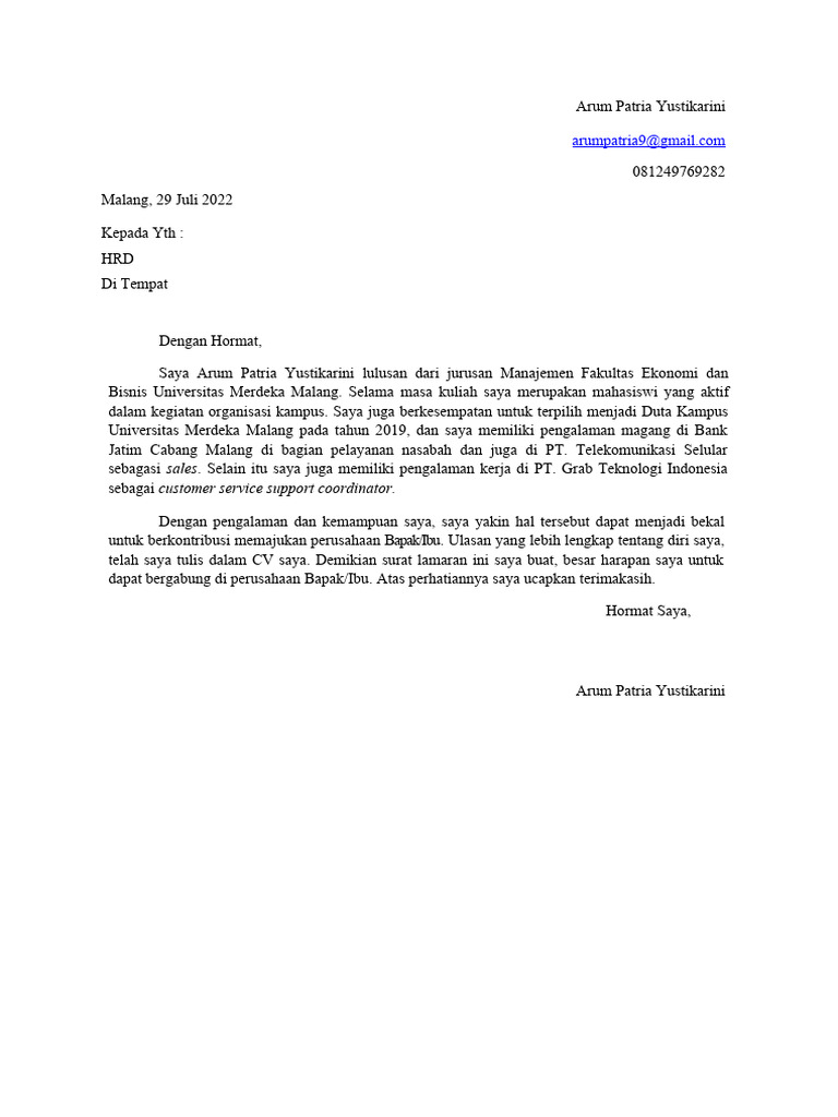 Surat Lamaran - Arum Patria | PDF