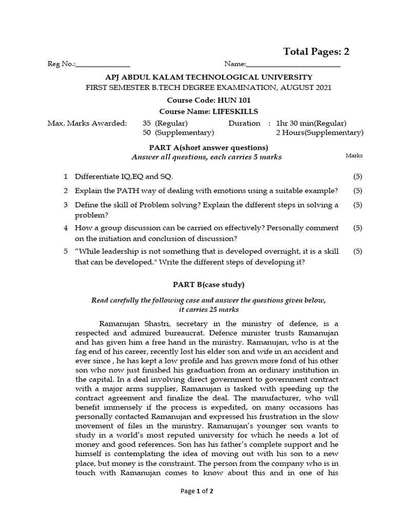 Hun101 Lifeskills - QP Exam | PDF