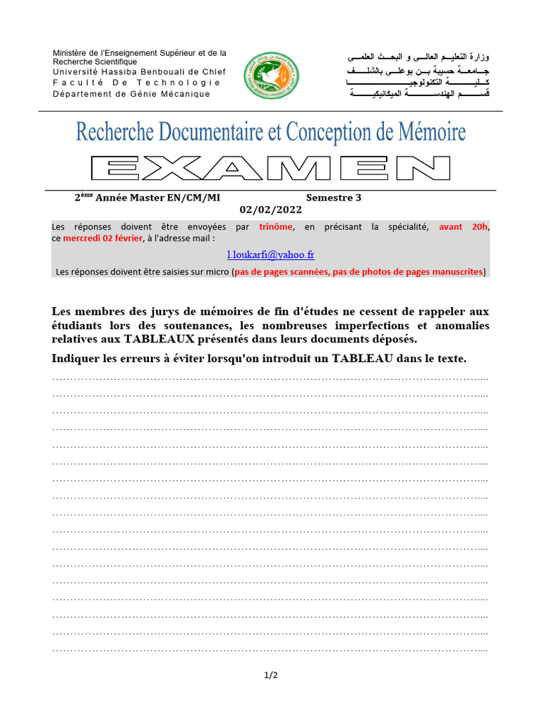 Examen - Recherche Documentaire Et Conception de Memoire - M2 CM Et EN - S5 - 2021 2022 ...