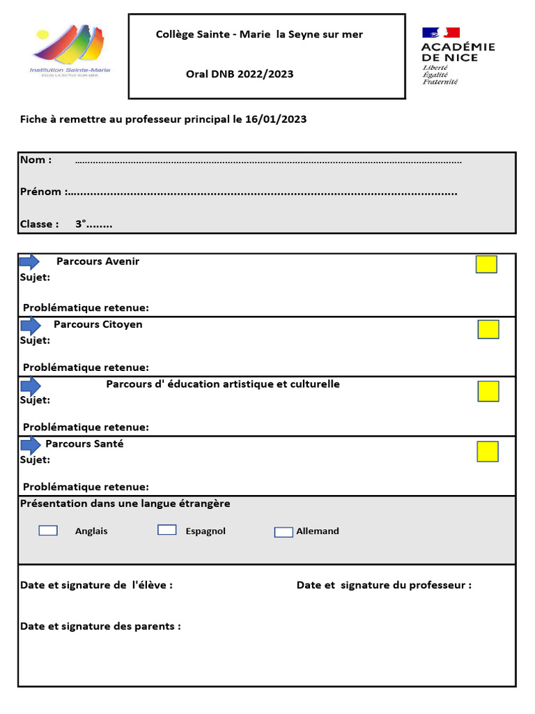 Fiche Oral DNB 2022/2023 Collège Sainte-Marie | PDF