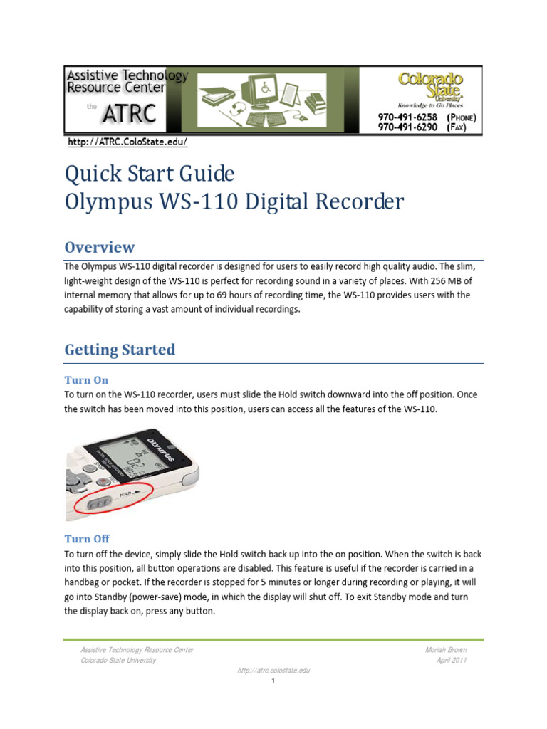 Olympus WS-110 Quick Start Guide | PDF