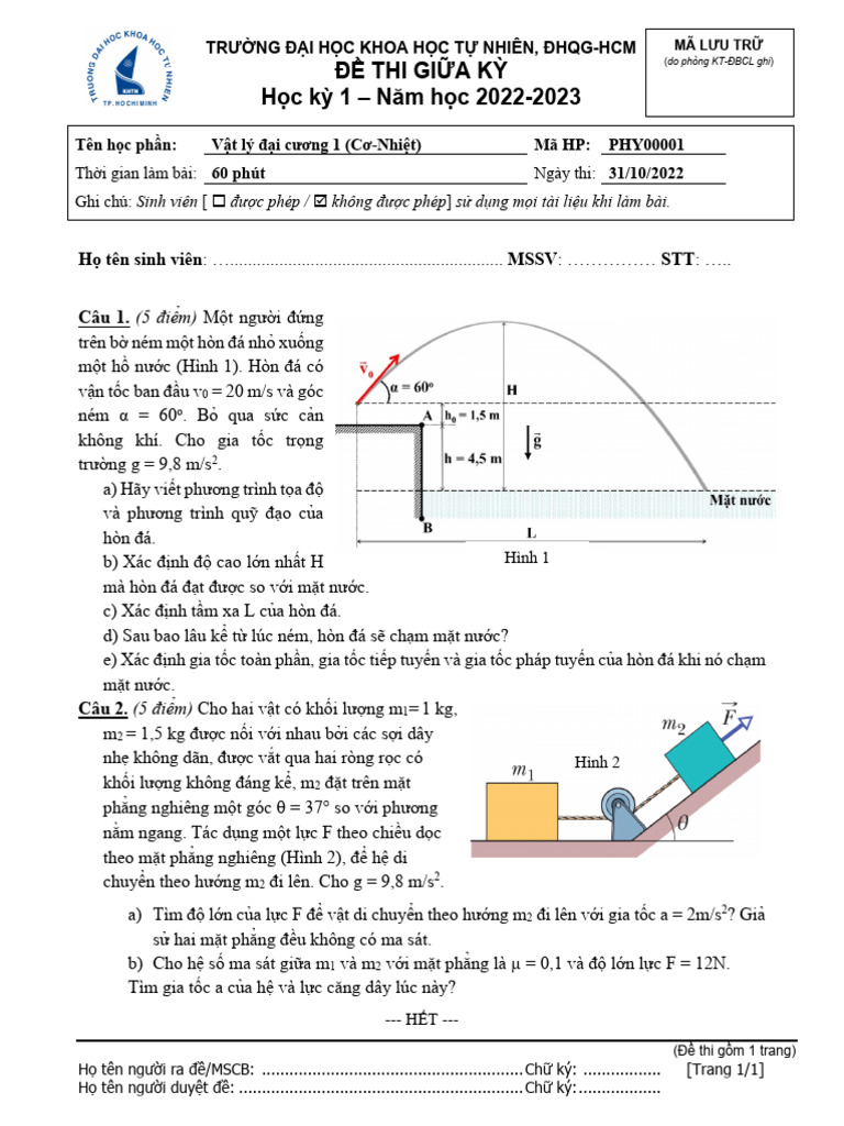 Chinh Thuc de Thi Giua Ky VLDC 1 HK 1 2022 2023 Co Dap An | PDF