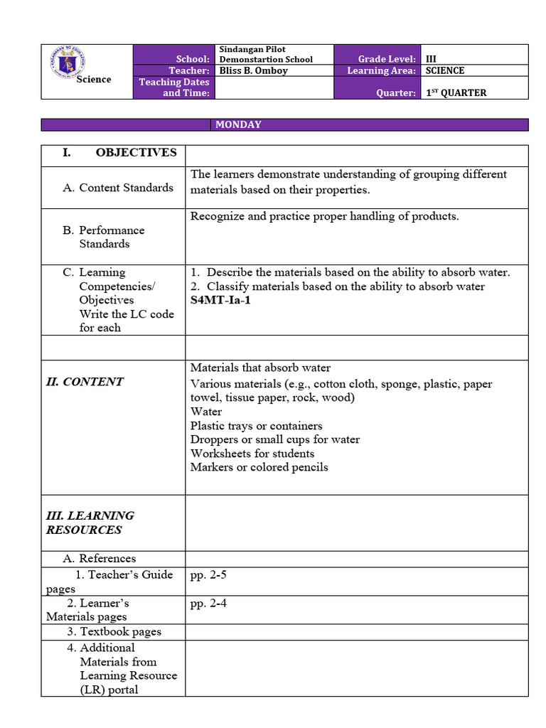 Science-Grade3-1st Quarter-Week1-Day1 | PDF