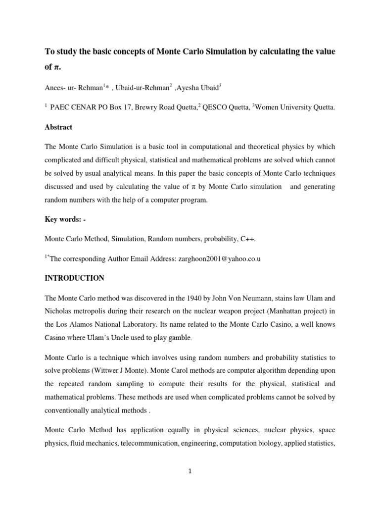 Paper On Monte Carlo Principle | PDF | Technology & Engineering