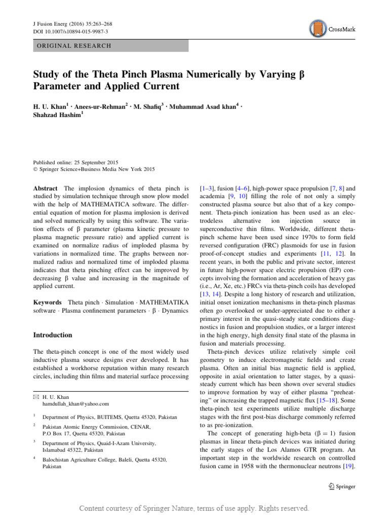 Study of The Theta Pinch Plasma Numerically by Var | PDF | Plasma (Physics) | Nuclear Fusion