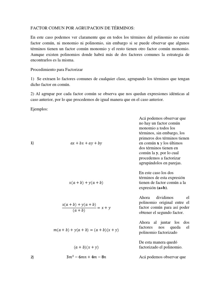Factor Comun Por Agrupacion de Terminos | PDF | Factorización | Álgebra