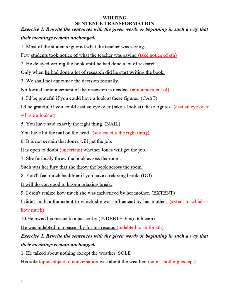 Sentence Transformation Exercises | PDF