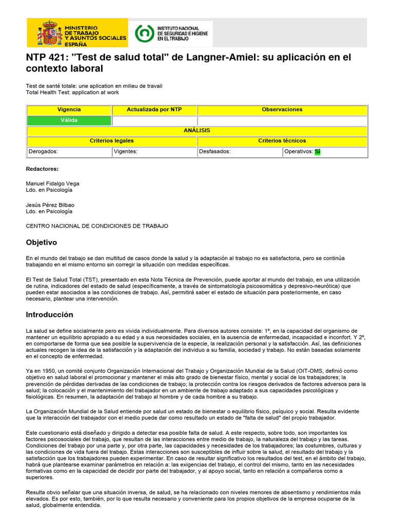 NTP 421 - Test de Salud Total de Langner-Amiel Su Aplicacion en El ...