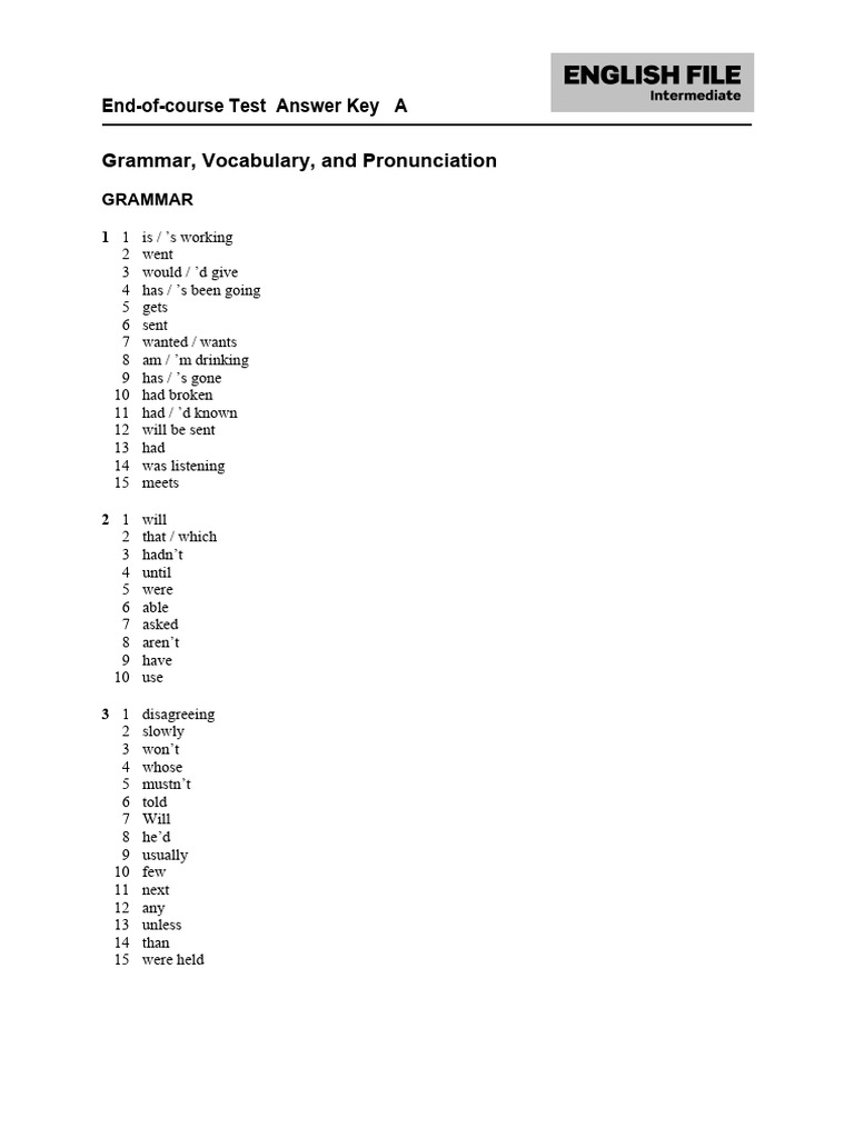 English File Intermediate Test Answer Key | PDF