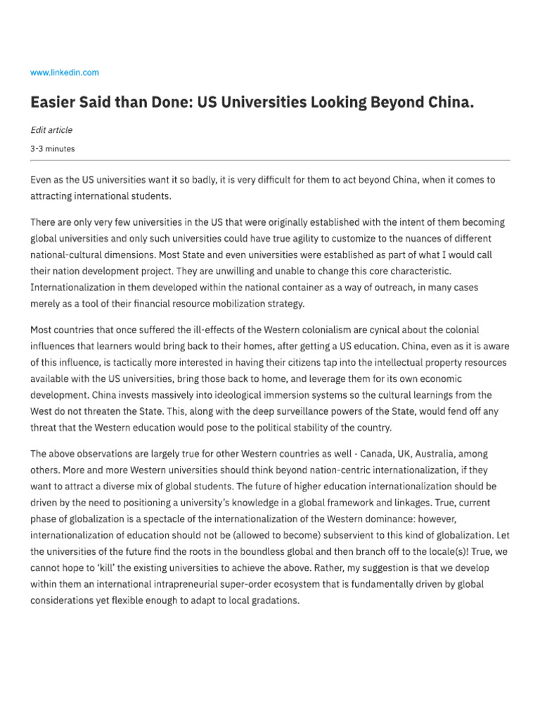 Easier Said Than Done: US Universities Looking Beyond China. | PDF