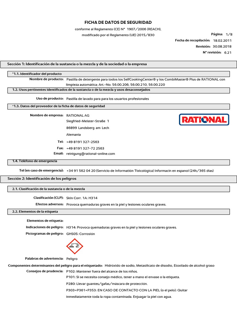 Rational Safety Data Sheet Cleaner Tab Es Es | PDF