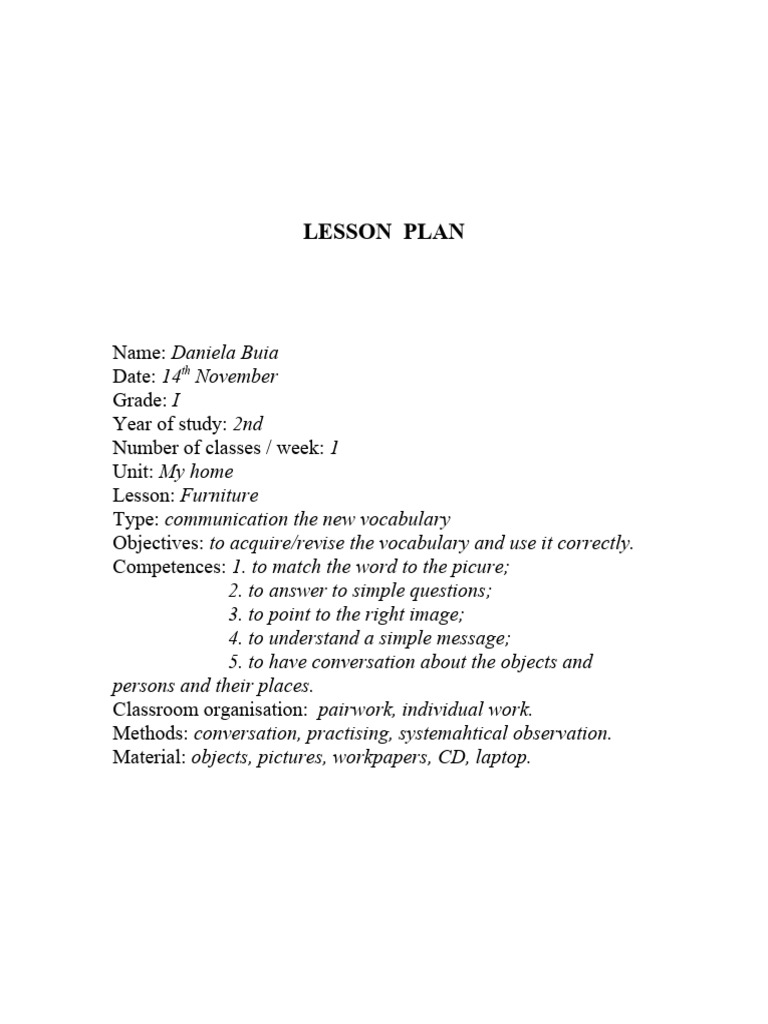Lesson Plan - 1 - Furniture | PDF