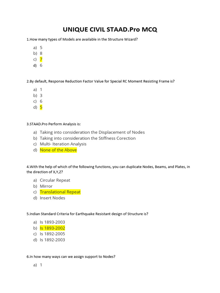UNIQUE CIVIL STAAD MCQ | PDF | Teaching Methods & Materials | Science & Mathematics