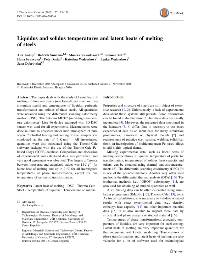 Liquidus and Solidus Temperatures and Latent Heats of Melting of Steels ...