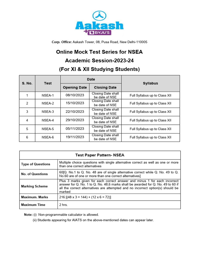 NSEA Online Mock Test Schedule For XI & XII Class | PDF