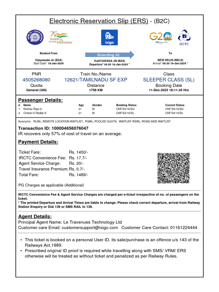 Electronic Reservation Slip (ERS) : 4505268080 12621/tamilnadu SF Exp ...