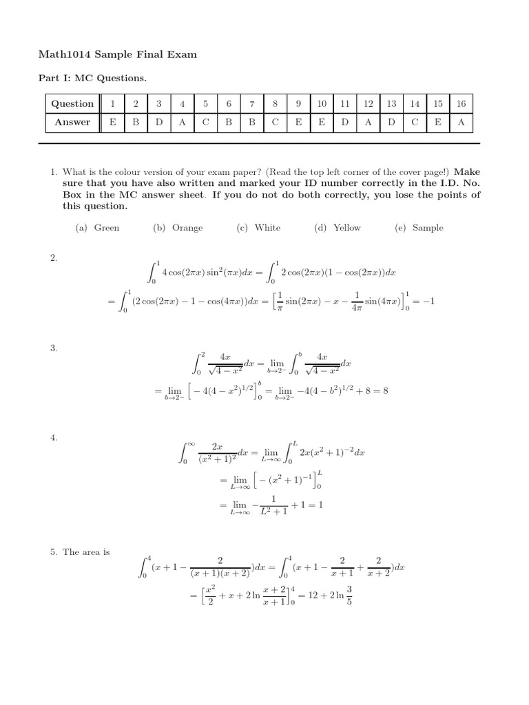 Math1014 Sample Final Exam Soln | PDF