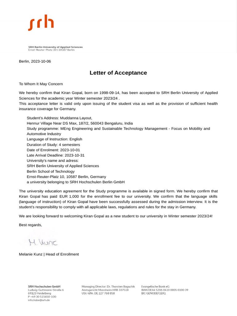 BE Letter of Acceptance Non-EU (Kiran Gopal) | PDF