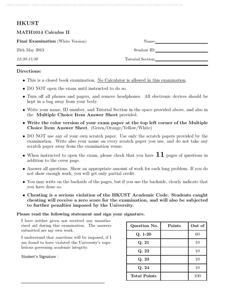 (MATH1014) (2013) (S) Final Ques | PDF