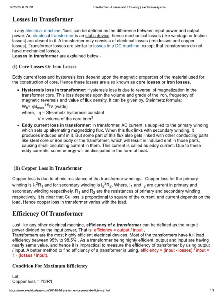 Loss and Efficiency of Transformer | PDF
