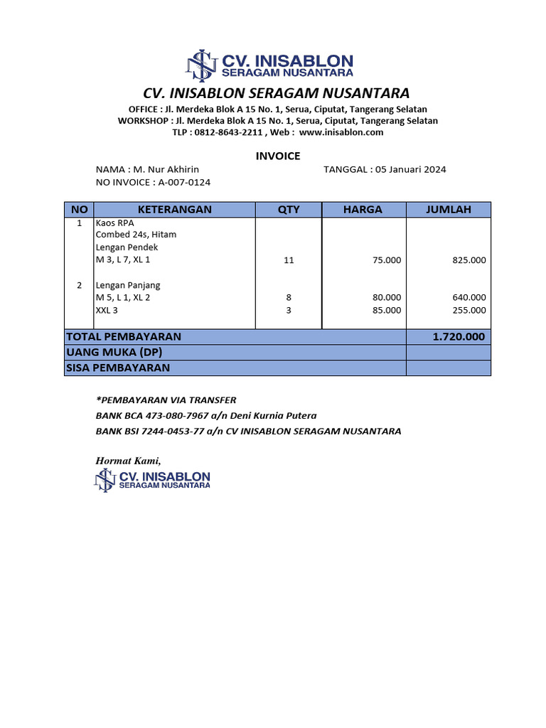 Invoice Pembelian Kaos RPA Januari 2024 | PDF