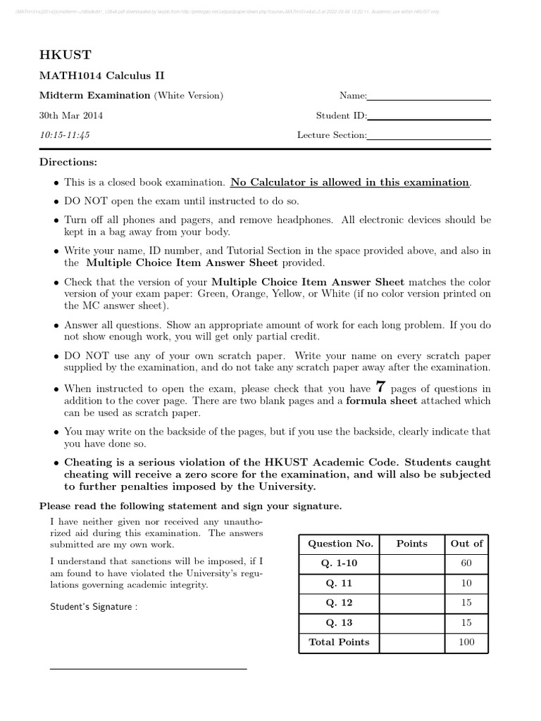 HKUST MATH1014 Calculus II Midterm Exam | PDF