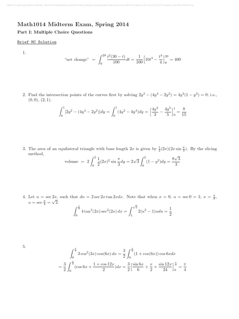 (MATH1014) (2014) (S) Midterm-Wftamaa 88121 | PDF | Mathematical Physics | Mathematical Objects