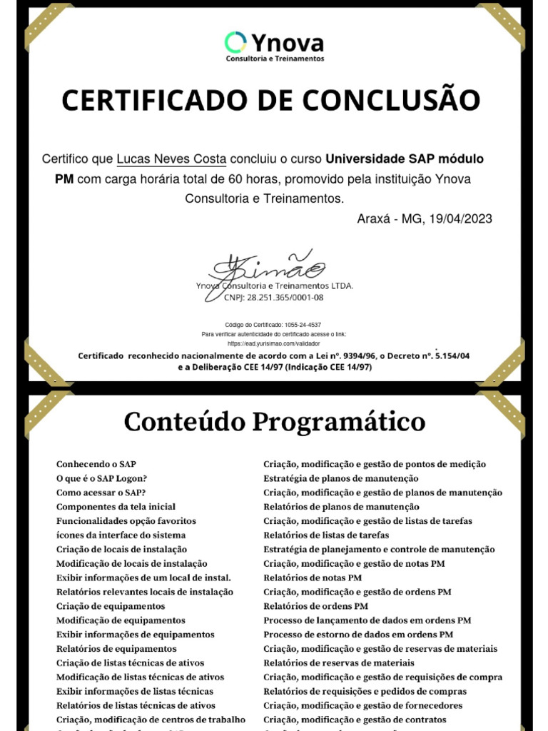 CERTIFICADO CURSO SAP | PDF