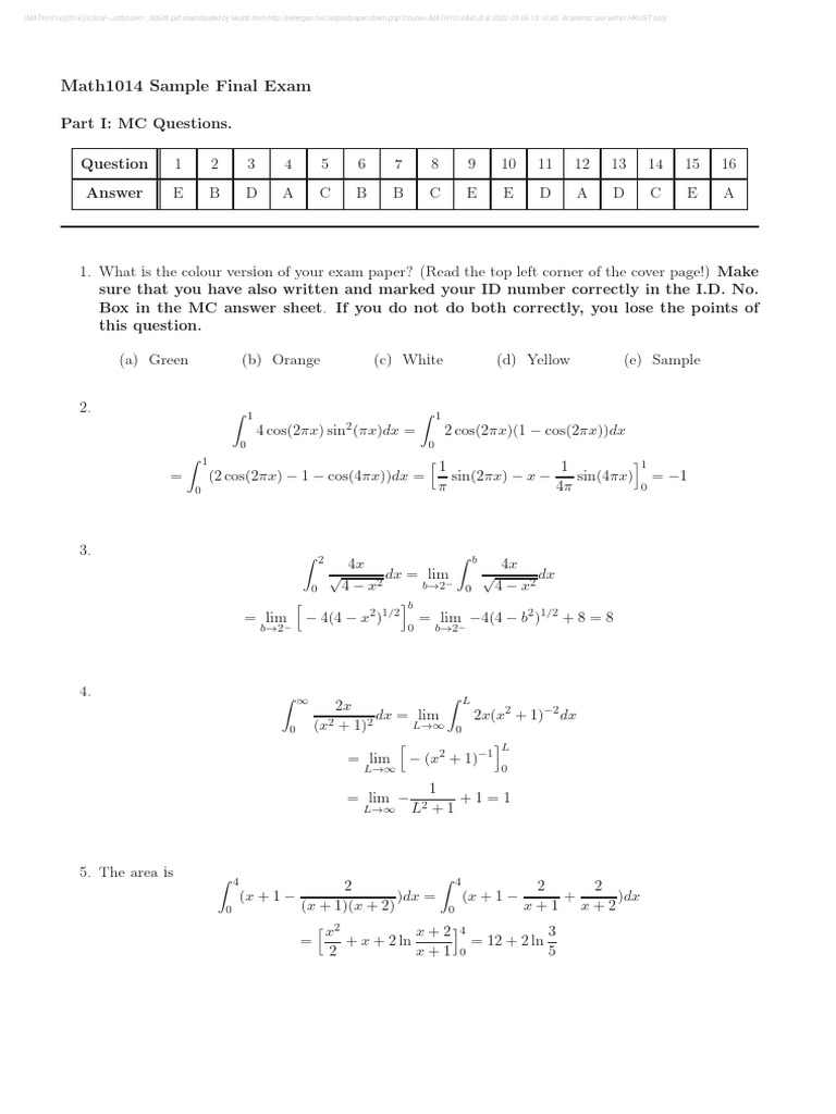 (MATH1014) (2016) (S) Final Ans | PDF
