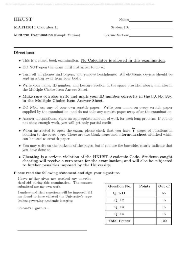 (MATH1014) (2016) (S) Midterm Ques | PDF