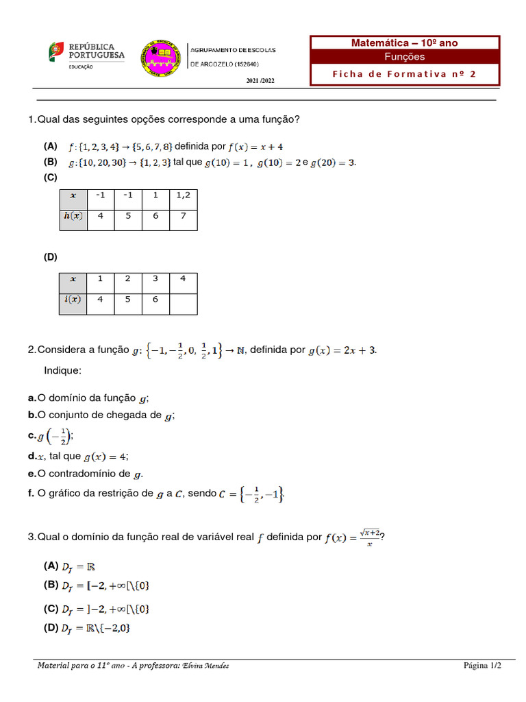 Ficha Formativa Nº2 - 10ºano - Funções | Download grátis PDF | Função ...