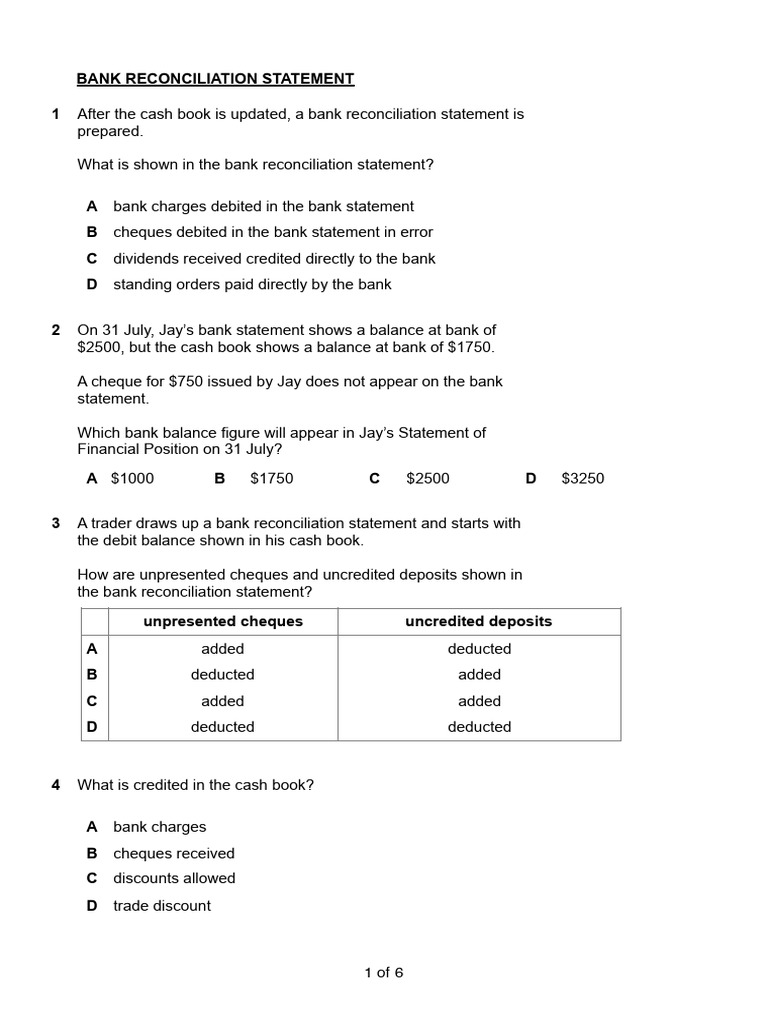 MCQ Bank Reconciliation Worksheet | PDF | Overdraft | Banks