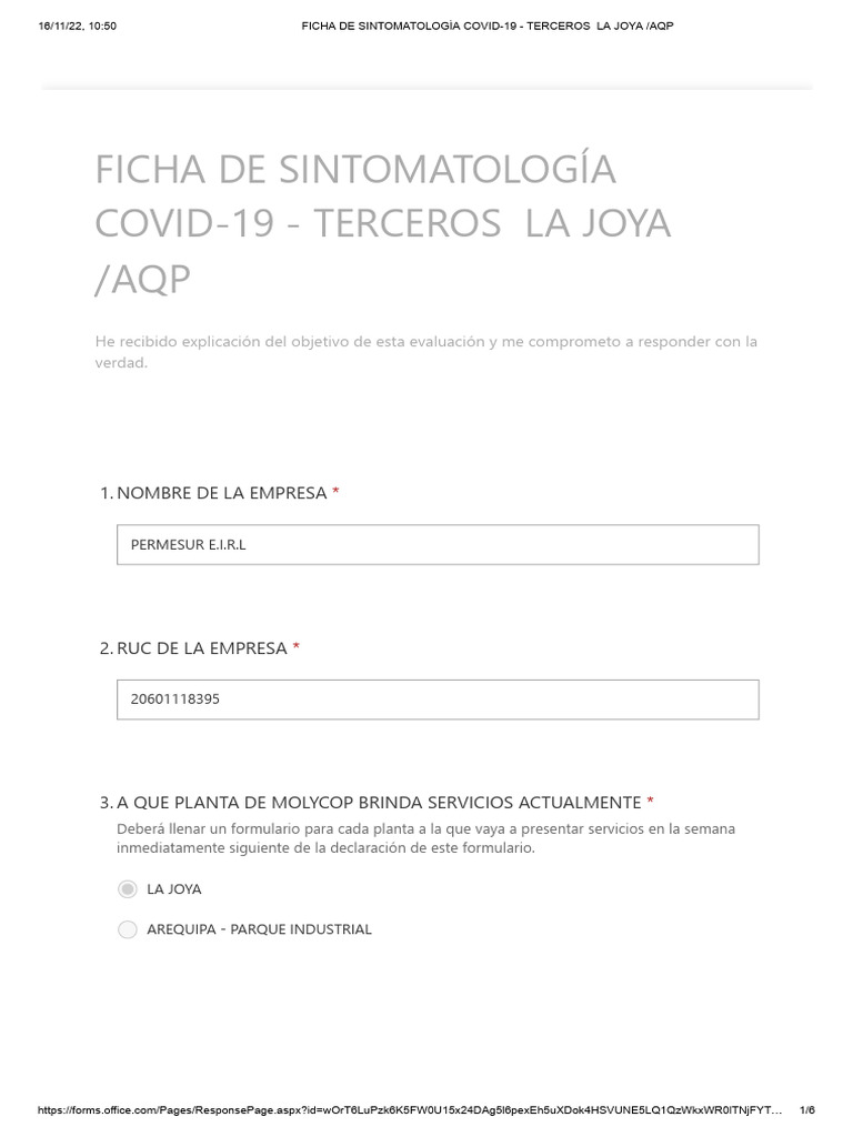 Ficha de Sintomatología Covid-19 - Robert Siñani Terceros La Joya - Aqp | PDF